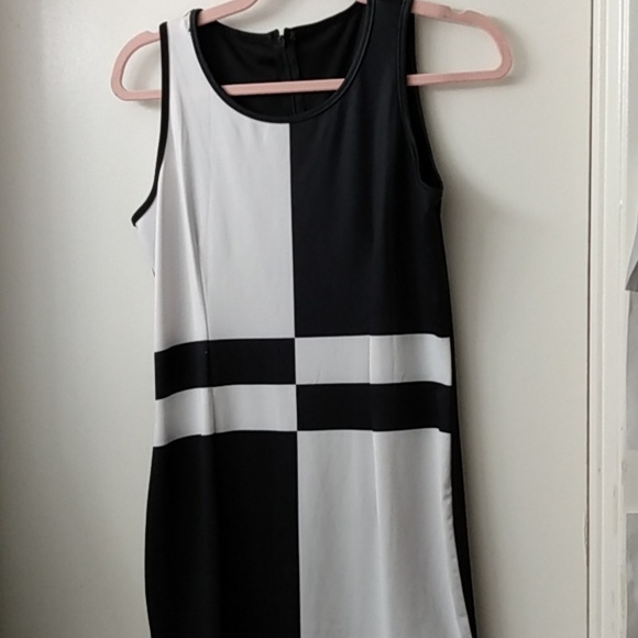 Temu | Dresses | Slim Cut Black And White Color Block Dress Back Is ...